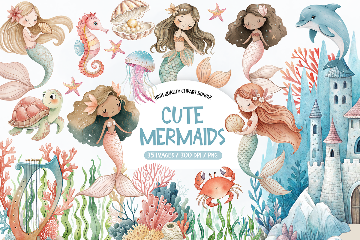 Watercolor Mermaid Clipart Bundle, an Illustration by TatiMockup