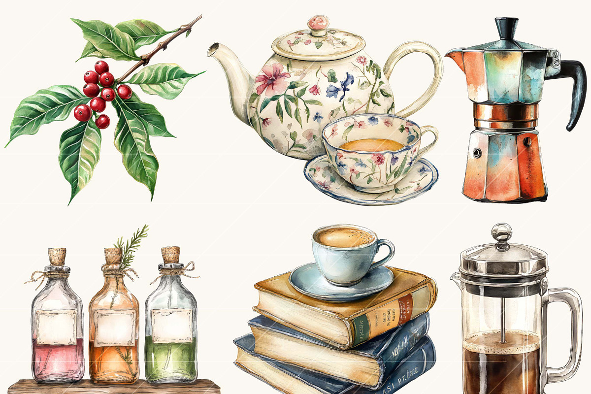 Watercolor Coffee Shop Clipart, a Food Illustration by Design Scotch