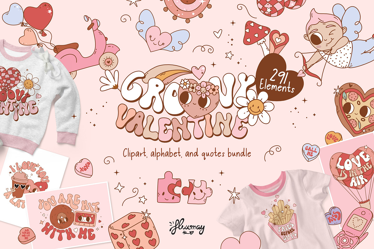 Groovy retro Valentine - clipart set, a Food Illustration by Huxmay