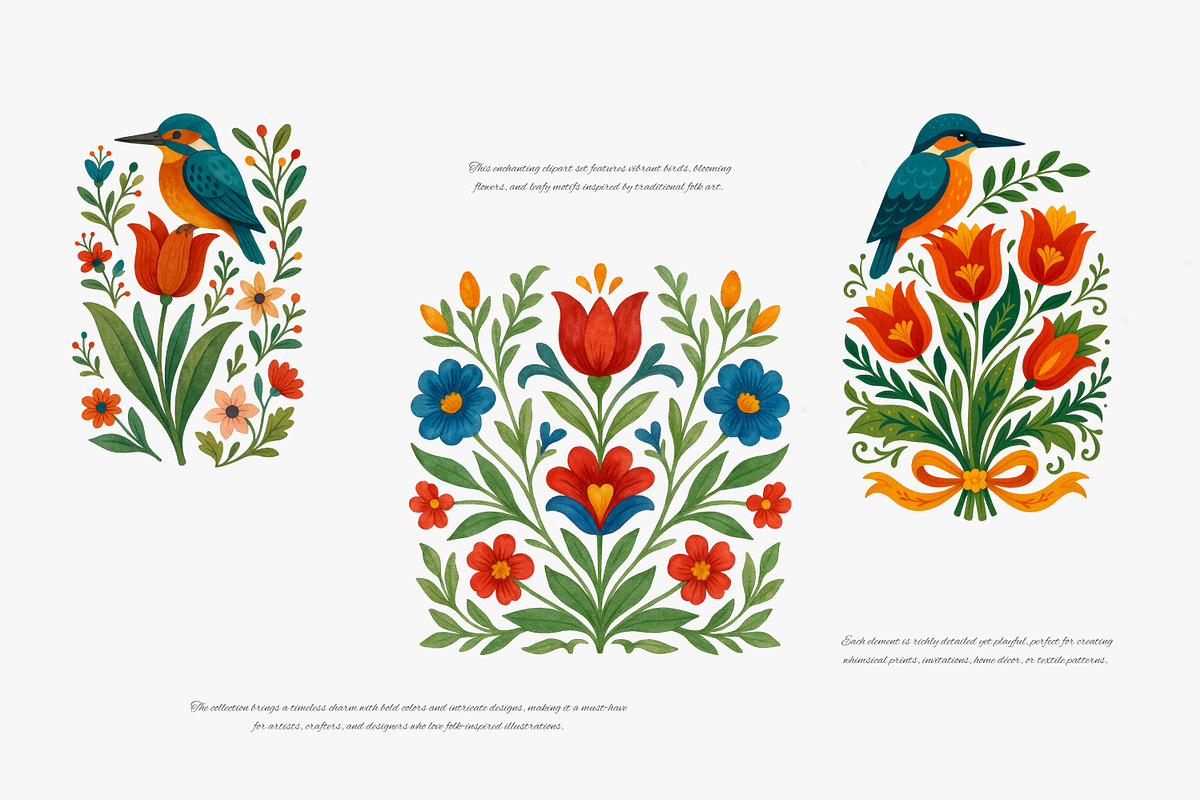 folk bird and floral clipart set, a Decorative Illustration by Patishop Art