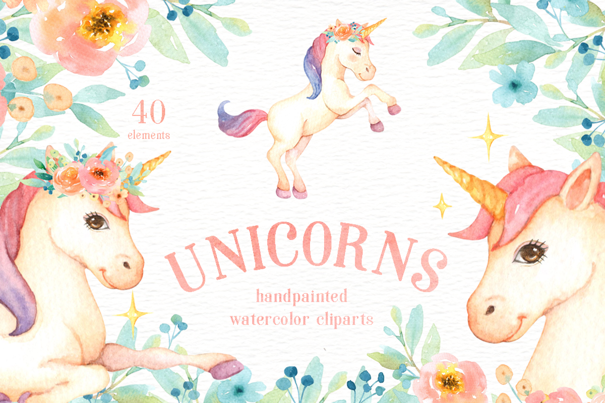 Unicorns Watercolor Clip Art, an Animal Illustration by everysunsun