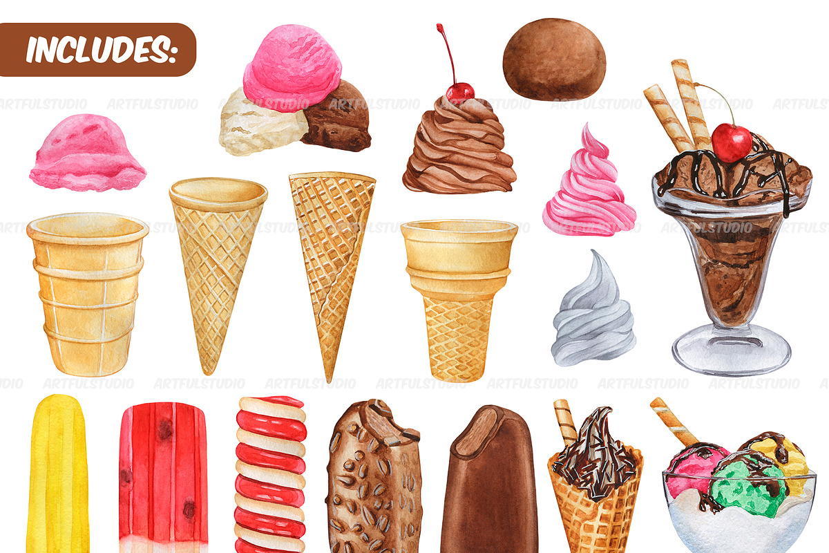 Watercolor ice cream clipart, an Illustration by ArtfulStudio