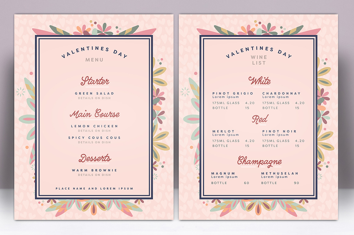 Valentines day menus, a Card Template by wavebreak | Creative Market