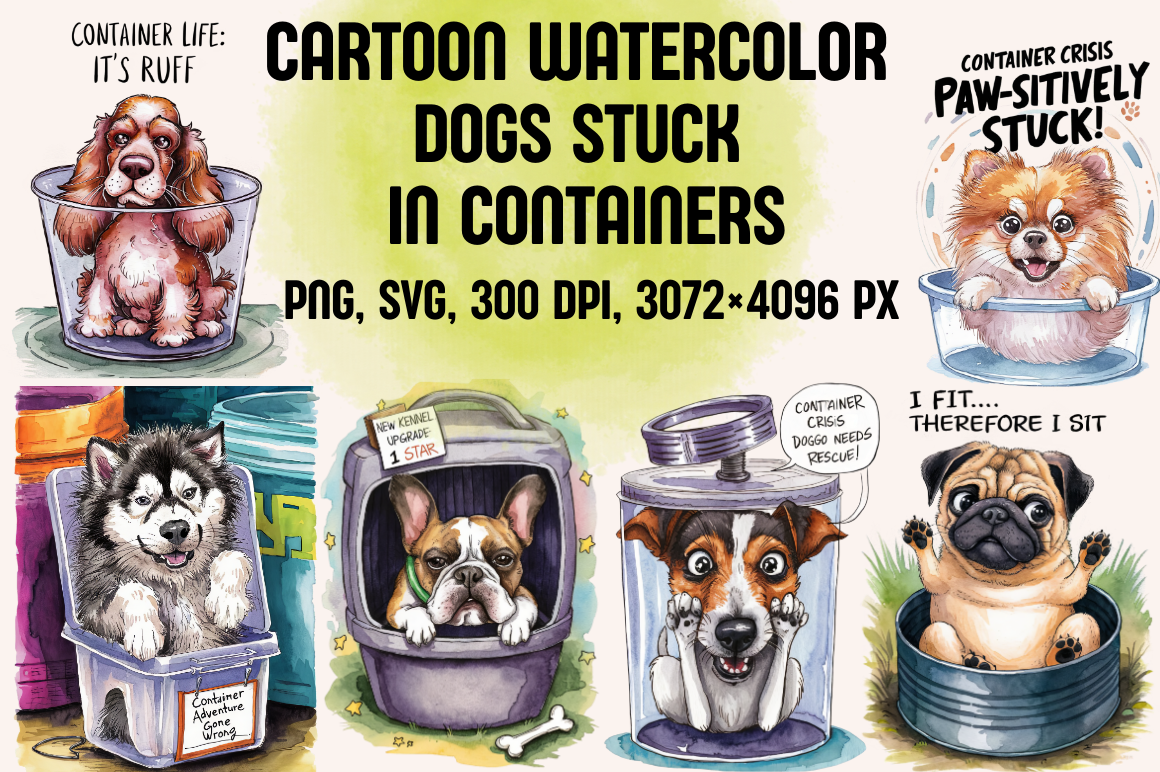Cartoon Dogs Stuck in Containers