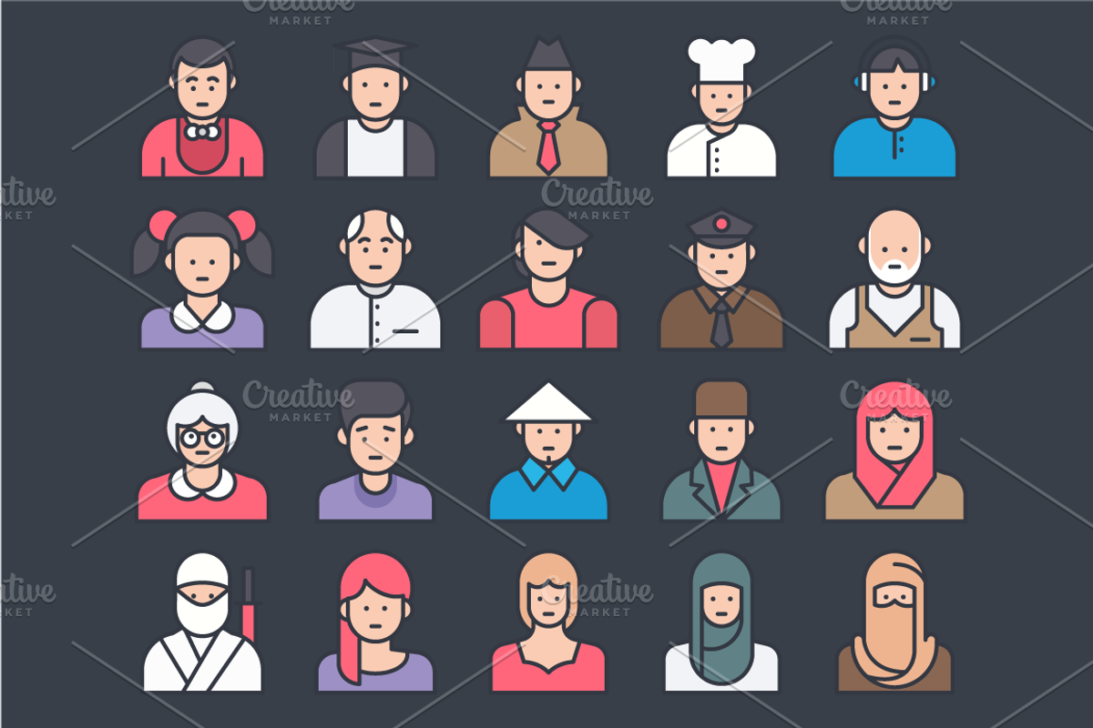 100 Avatar Colored Line Vector Icons, an Outline Icon by Prosymbols
