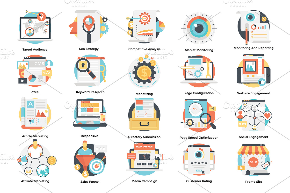 160 Flat Digital Marketing Icons, an Icon by Prosymbols