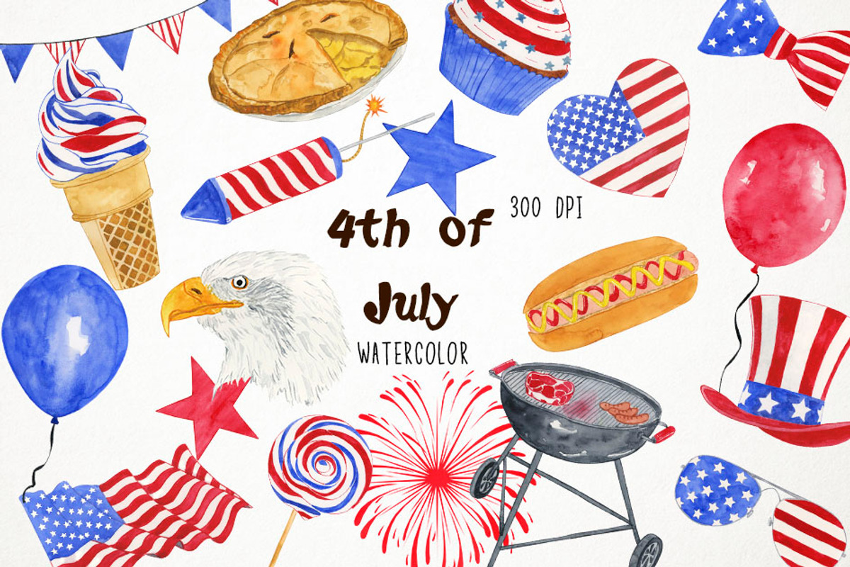 Watercolor 4th July Clipart, a Decorative Illustration by Paulaparaula
