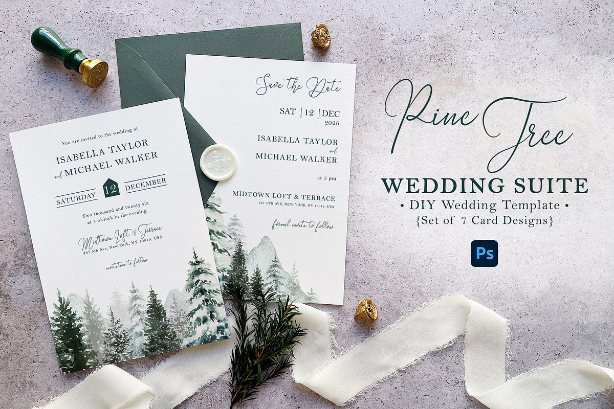 Pine Tree Wedding Suite, an Invitation Template by BlueRobinDesignShop