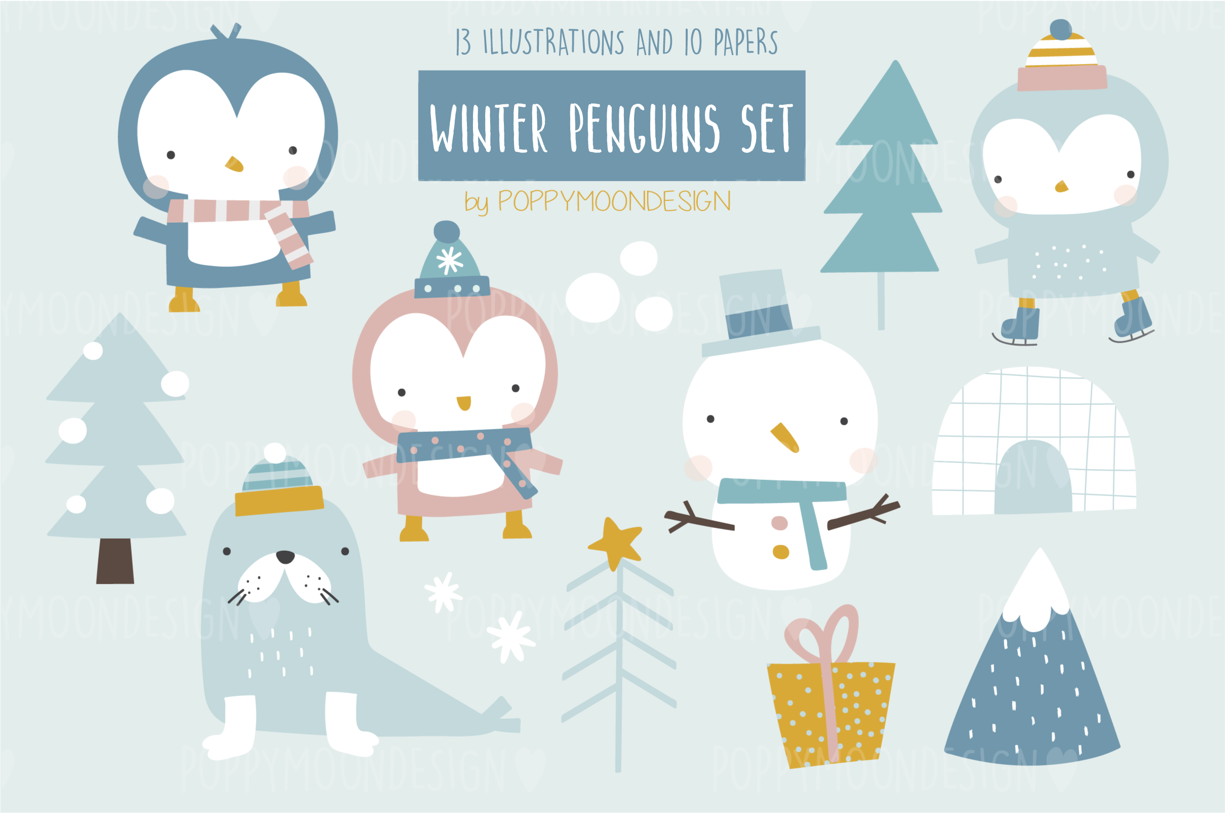 Winter penguins clipart & paper set, an Illustration by Poppymoondesign