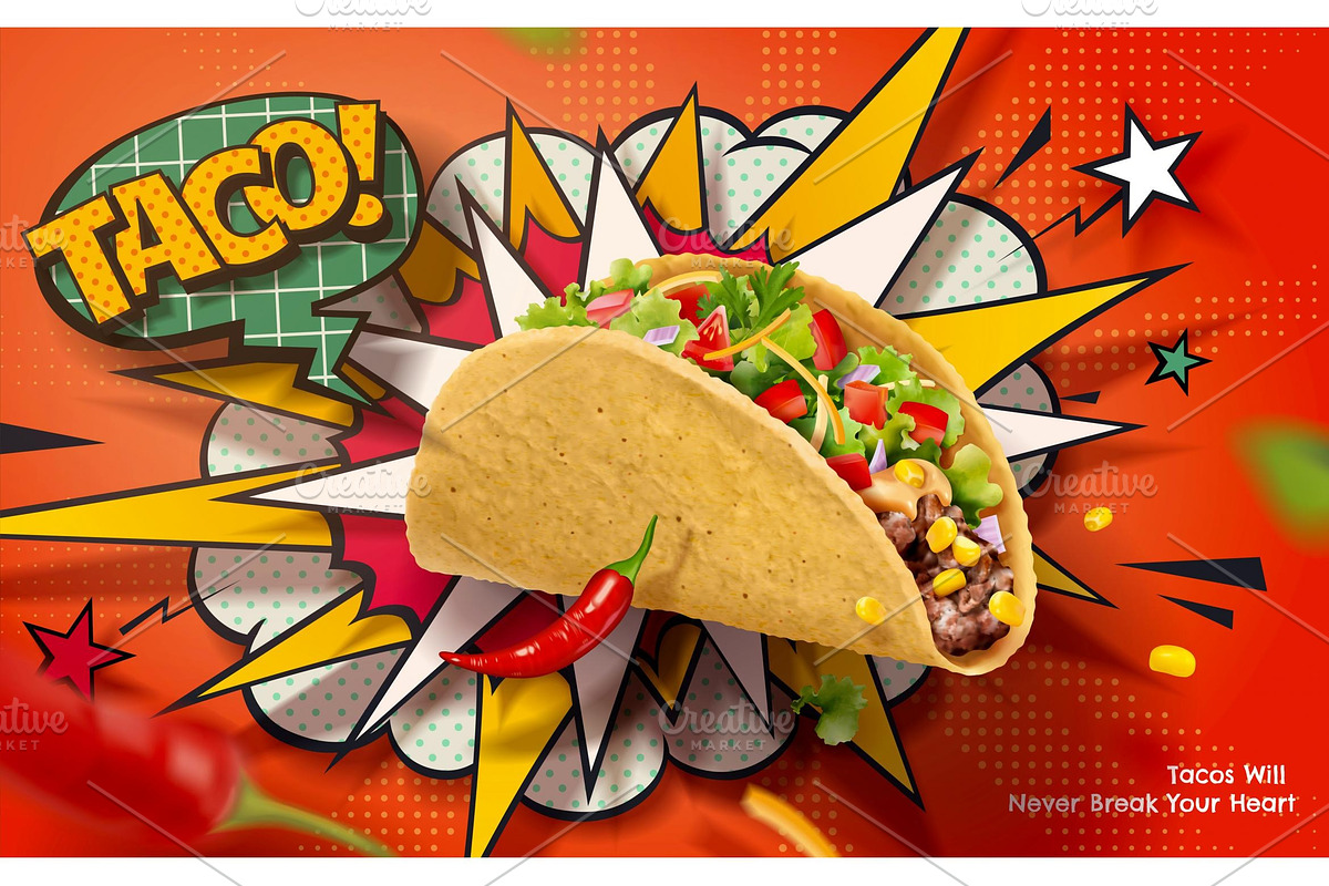 Spicy Taco ad in retro comic style, a Flyer Template by TotallypicRF