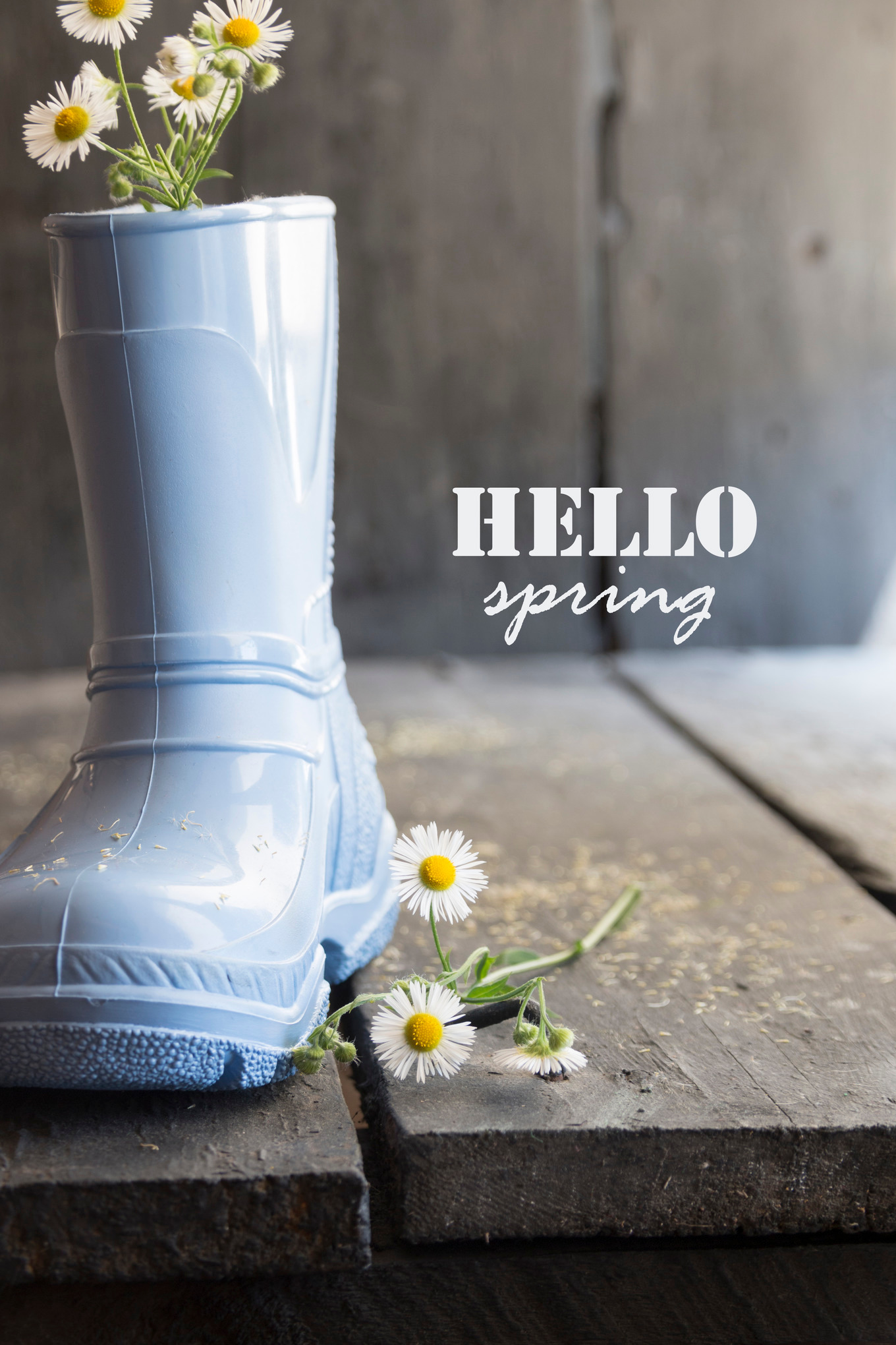 Hello spring idea daisy and boots on a vintage table featuring spring ...
