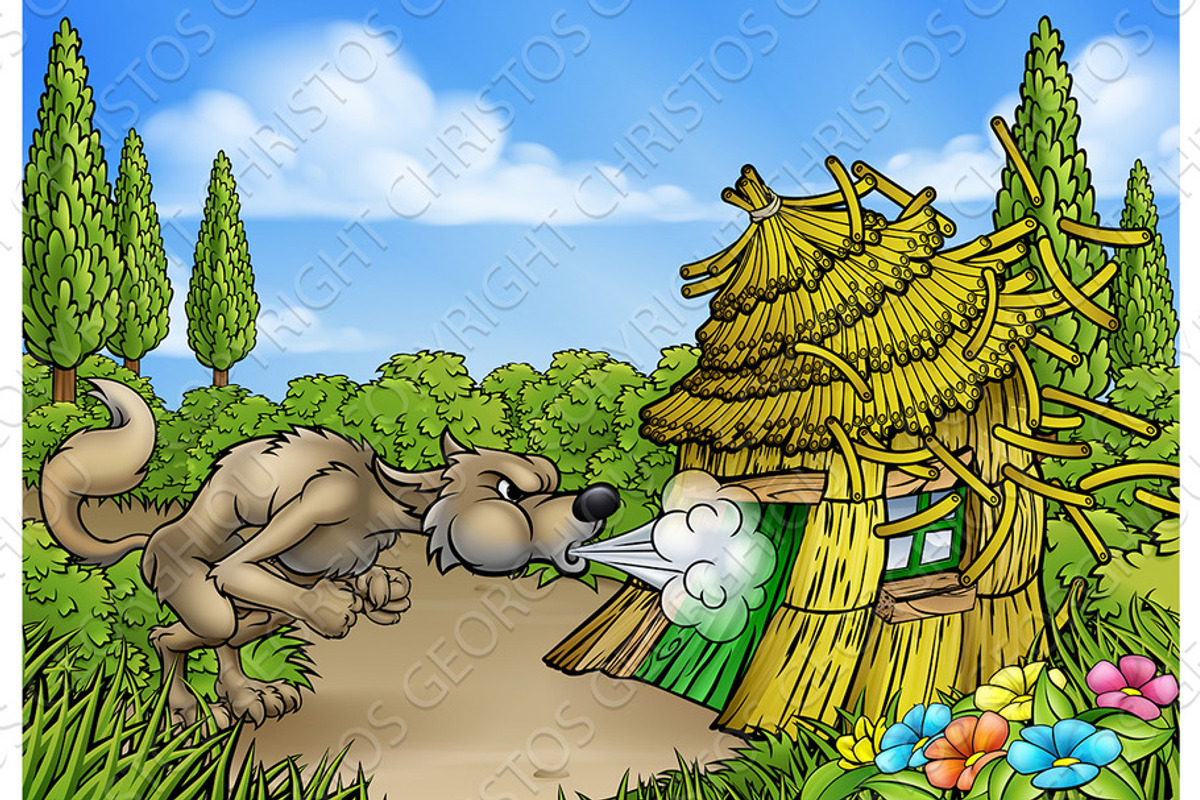 Big Bad Wolf Three Little Pigs Blowing Down House, an Animal ...