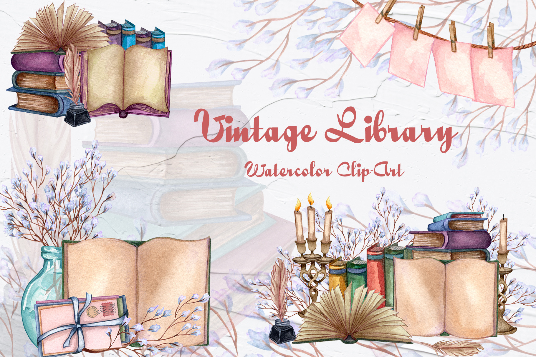 Vintage Library Watercolor Set, an Education Illustration by BarvArt ...