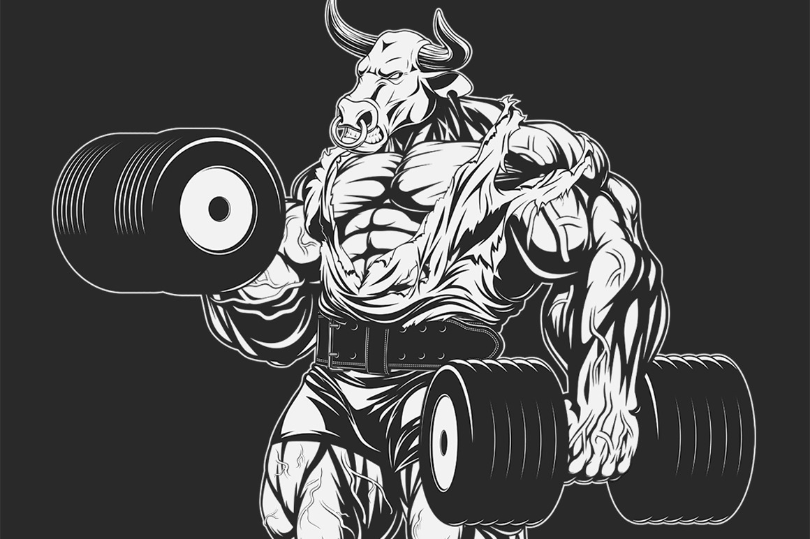 Strong bull with dumbbells, an Animal Illustration by Mark2000