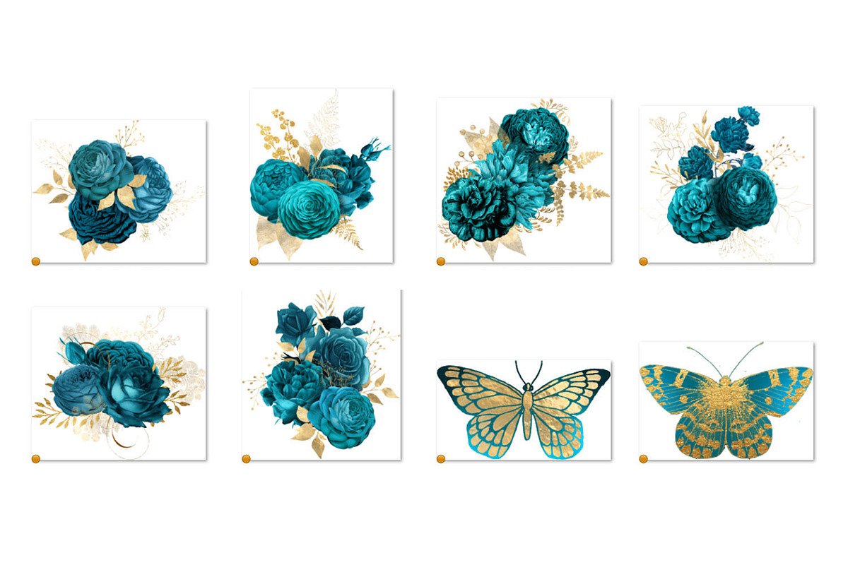 Turquoise and Gold Floral Clipart, an Illustration by Digital Curio