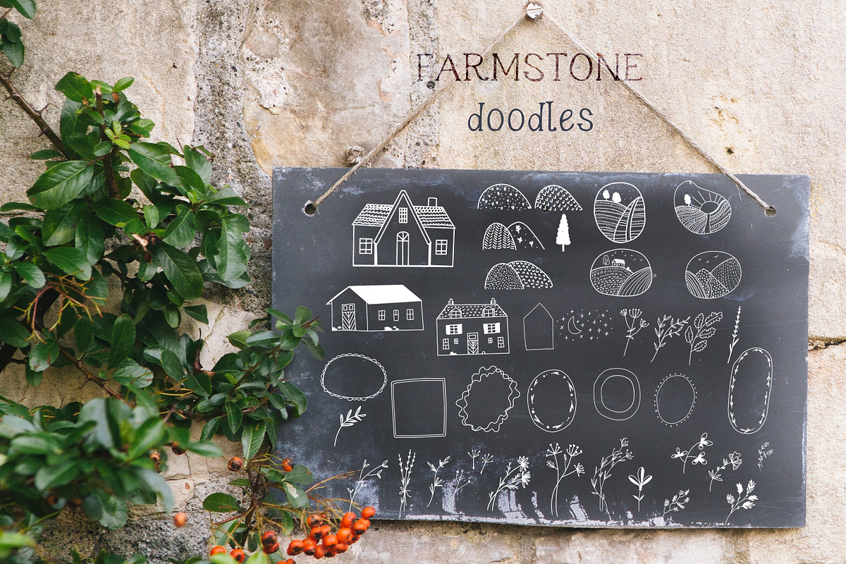 Farmstone serif font. Doodles + Logos