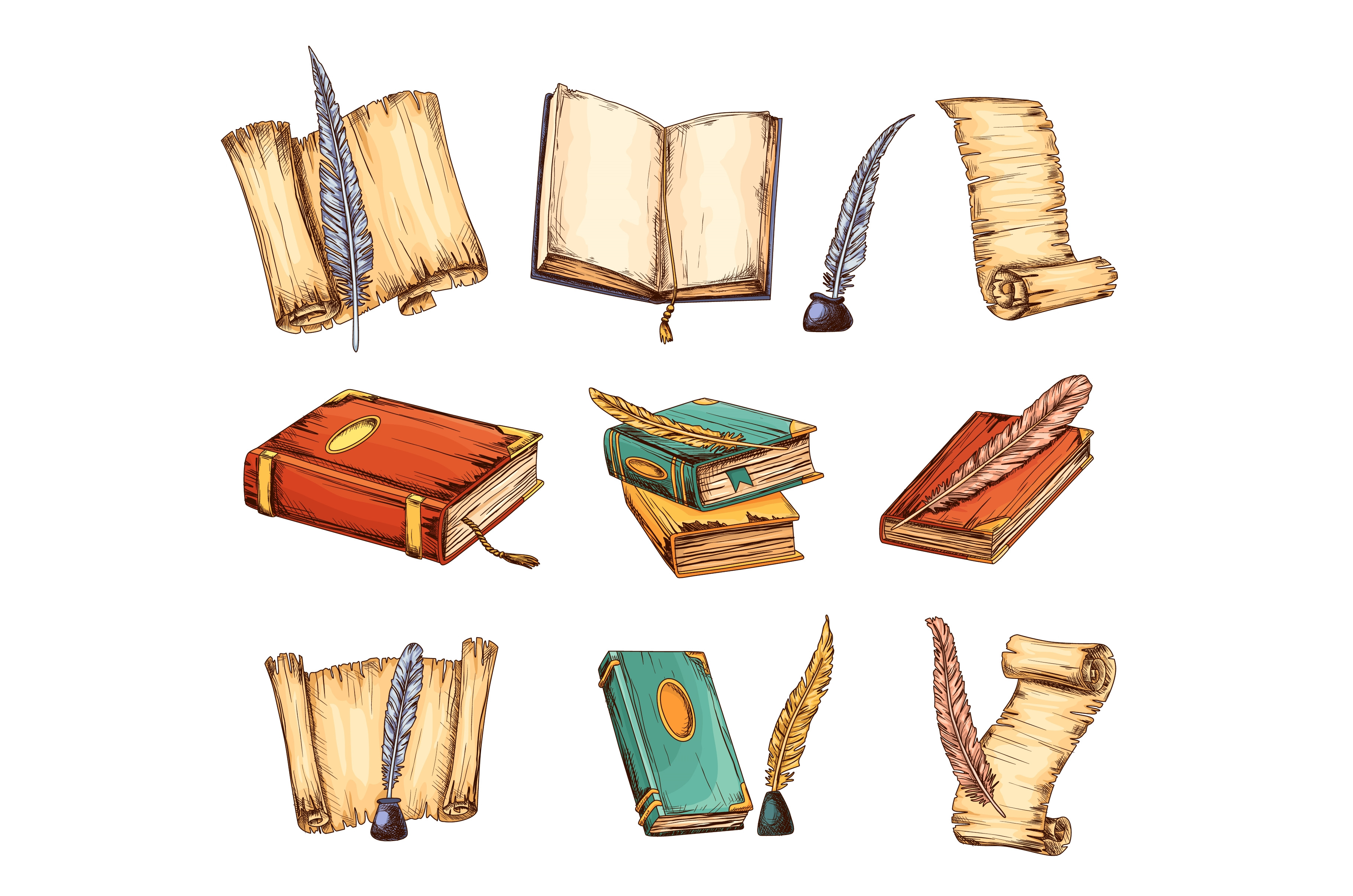 Collection of old books and antique | Decorative Illustrations ...