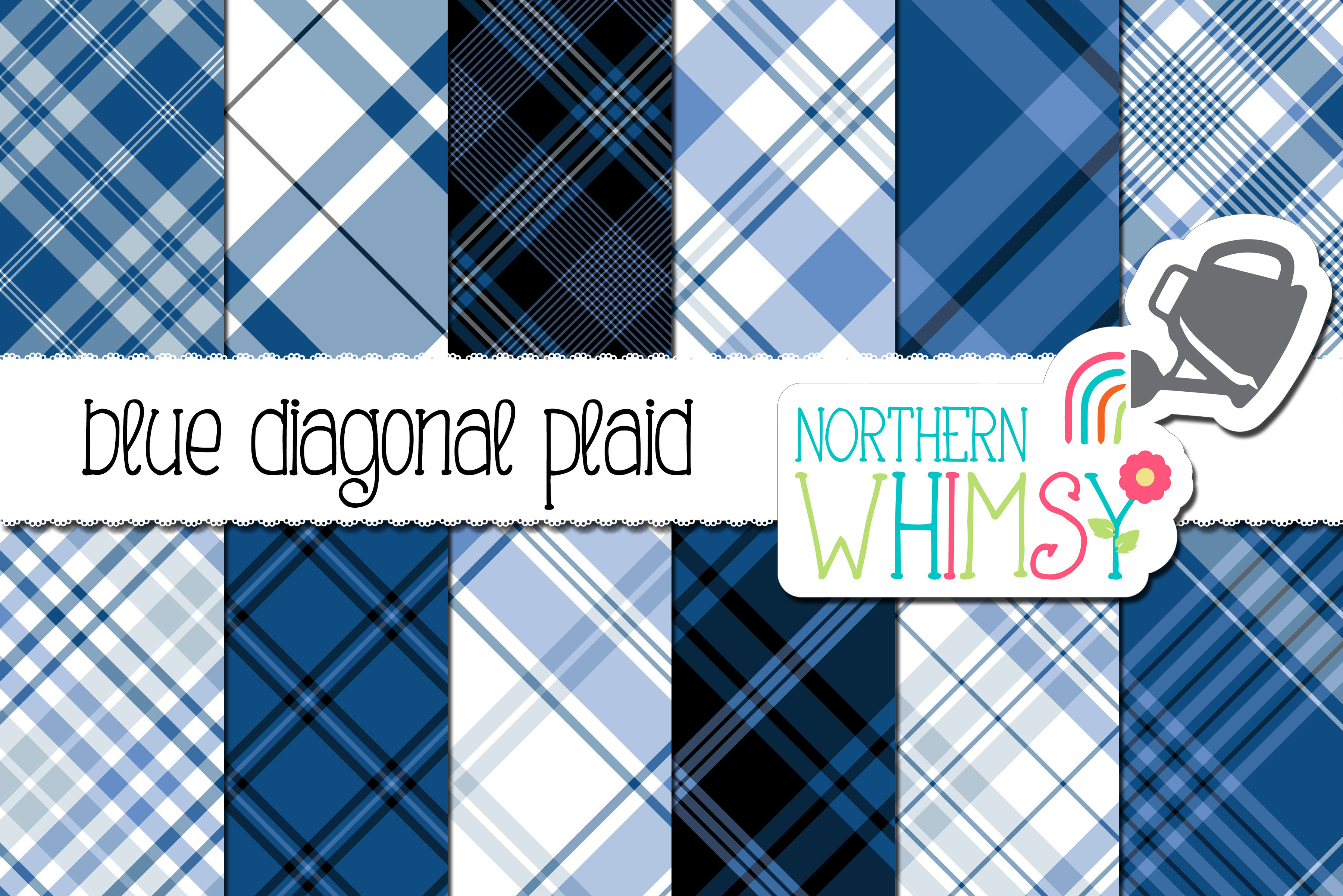 Blue Seamless Diagonal Plaid, a Pattern Graphic by Northern Whimsy Design