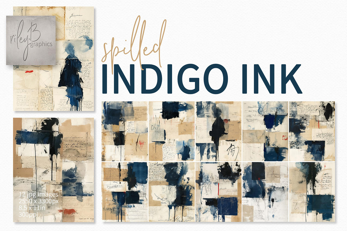 Spilled Indigo Ink Collage Paintings