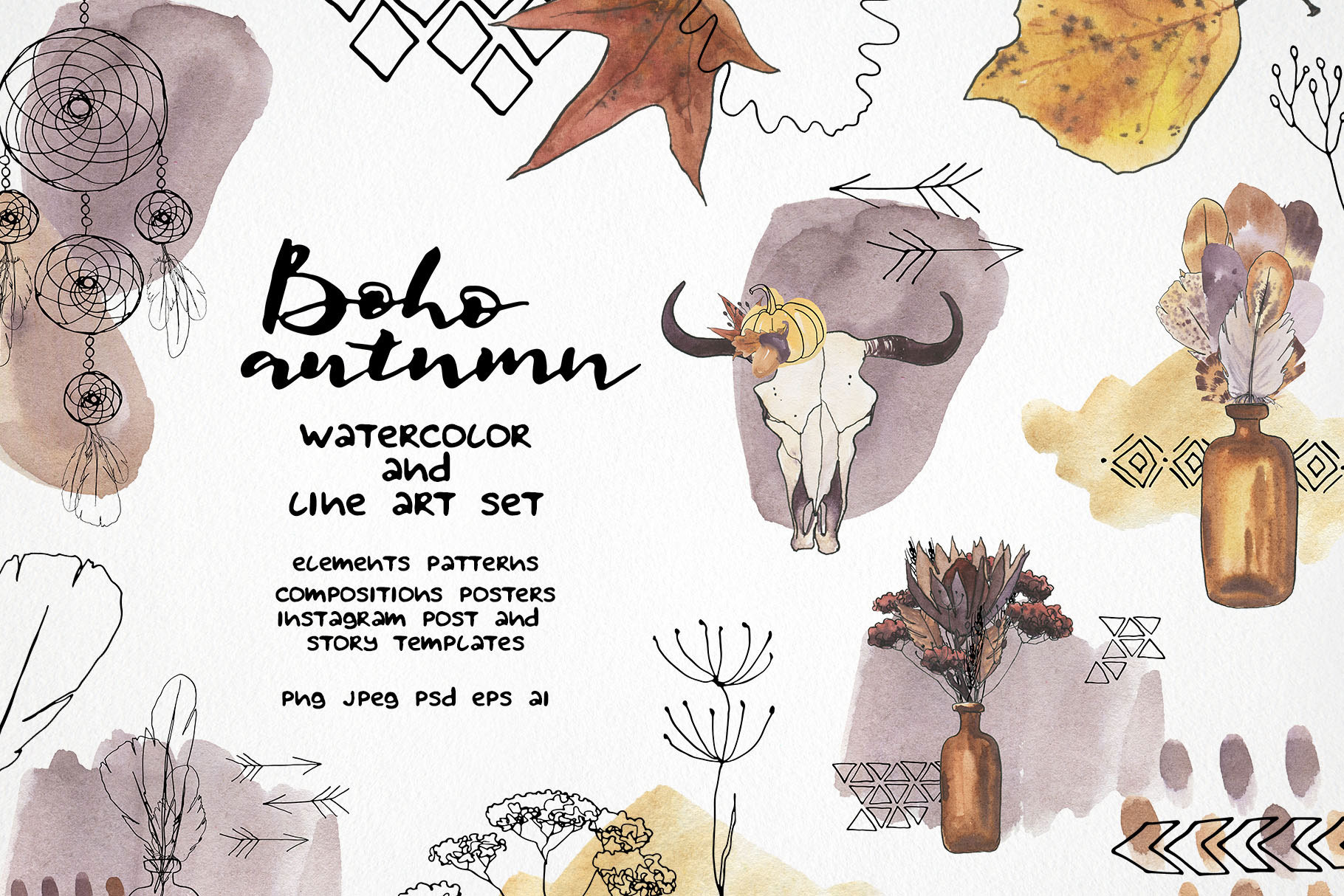 watercolor boho autumn clipart, a Texture Illustration by LyubovZaytseva
