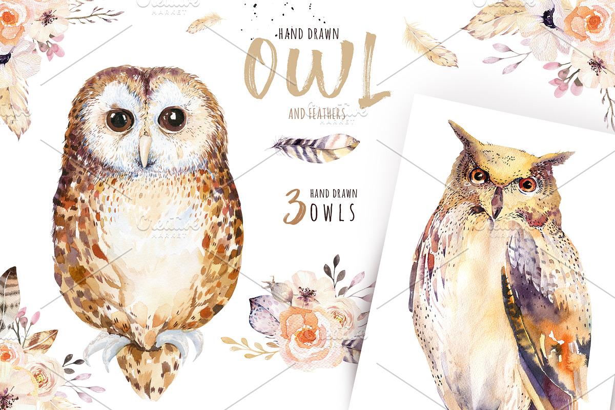 Watercolor cute owls II, an Animal Illustration by Peace ART