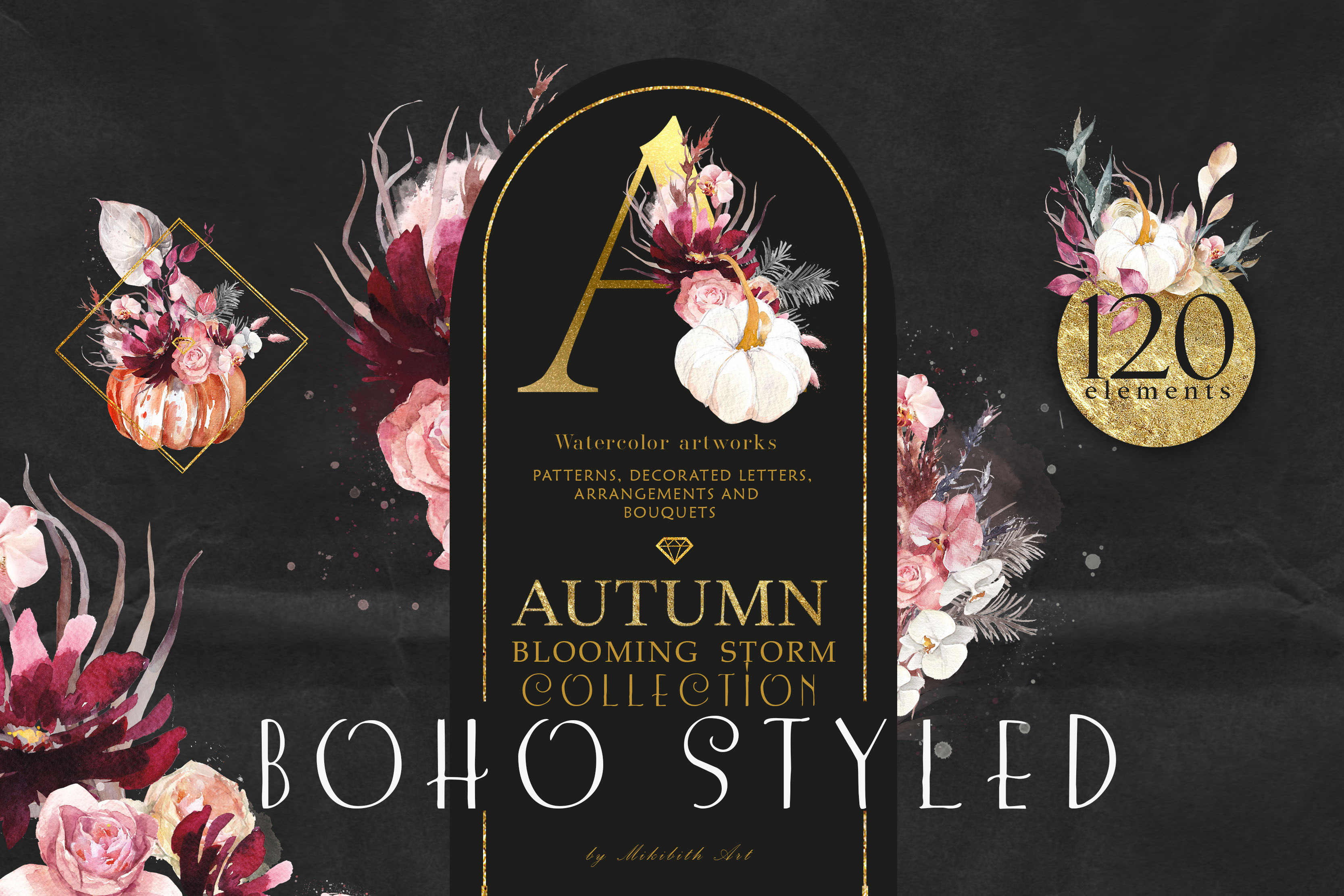 Boho styled orchid bouquets and pumpkins