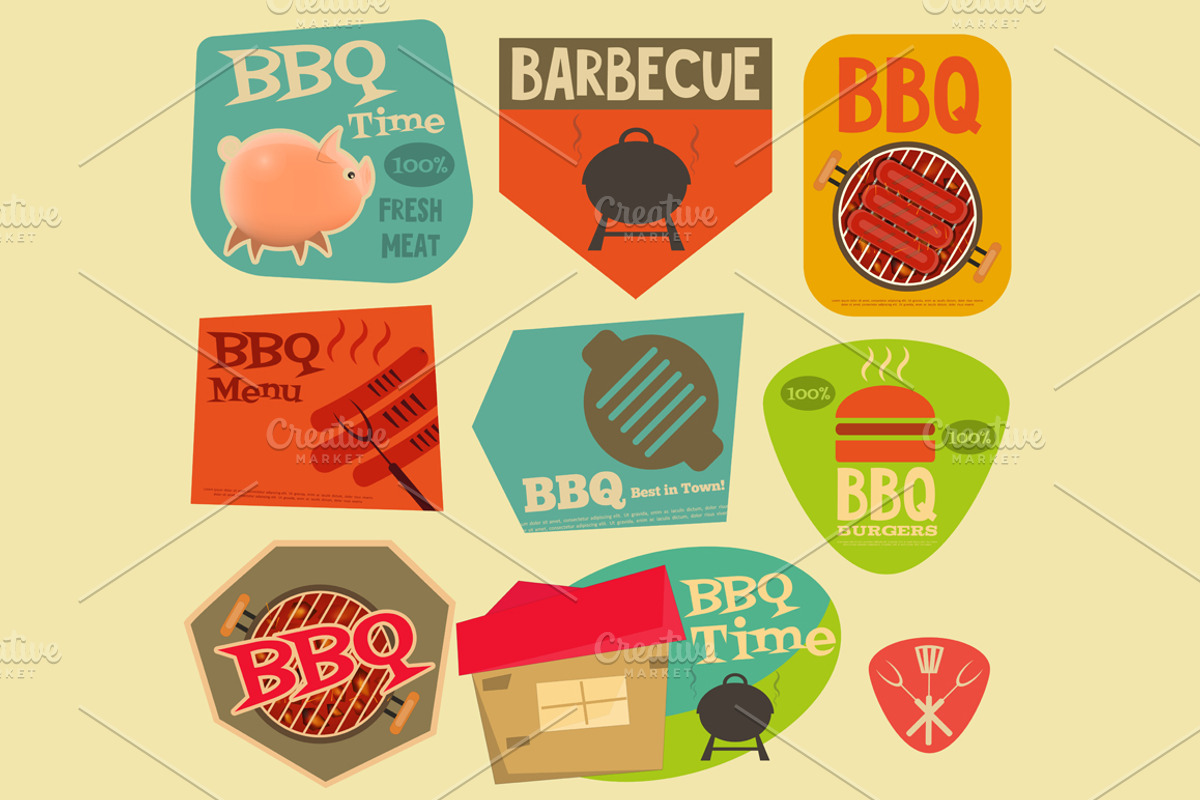 Retro BBQ stickers collection, a Food Illustration by ELFIVETROV DESIGN