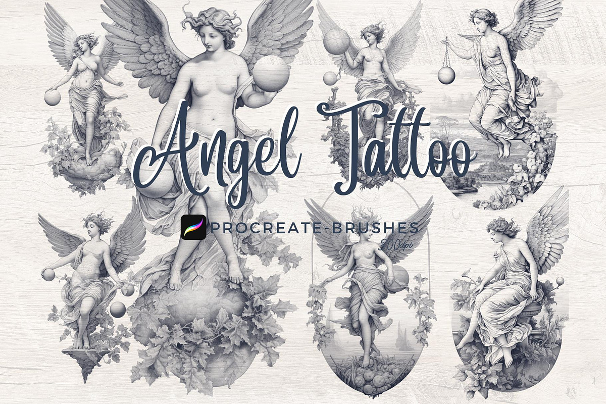 Angel Tattoo Clip Art Brush Stamp, a Brush Add-On by TaKong Magics