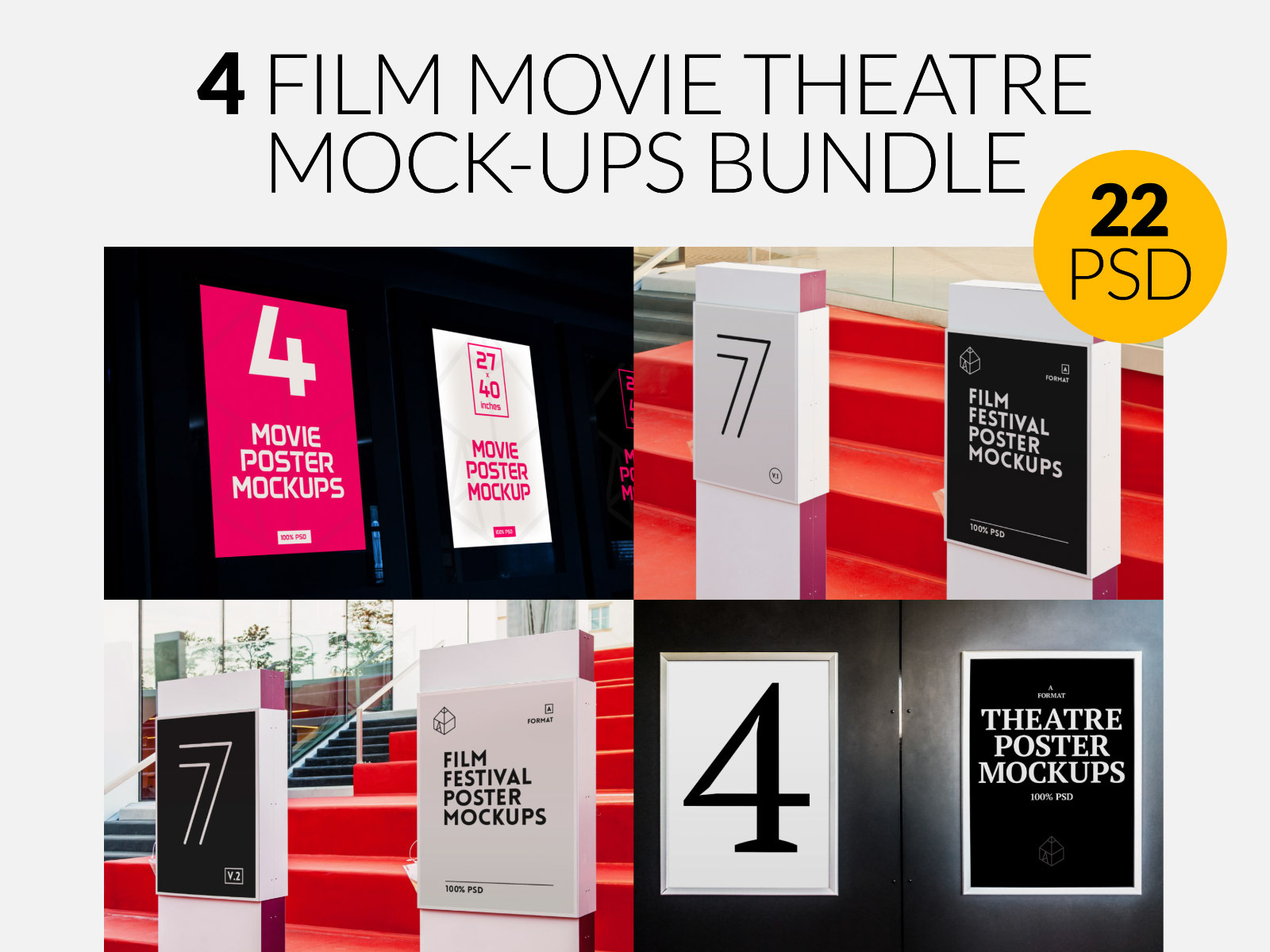4 Film Movie Theatre Poster Mock-Ups, a Print Template by Graphic Shelter
