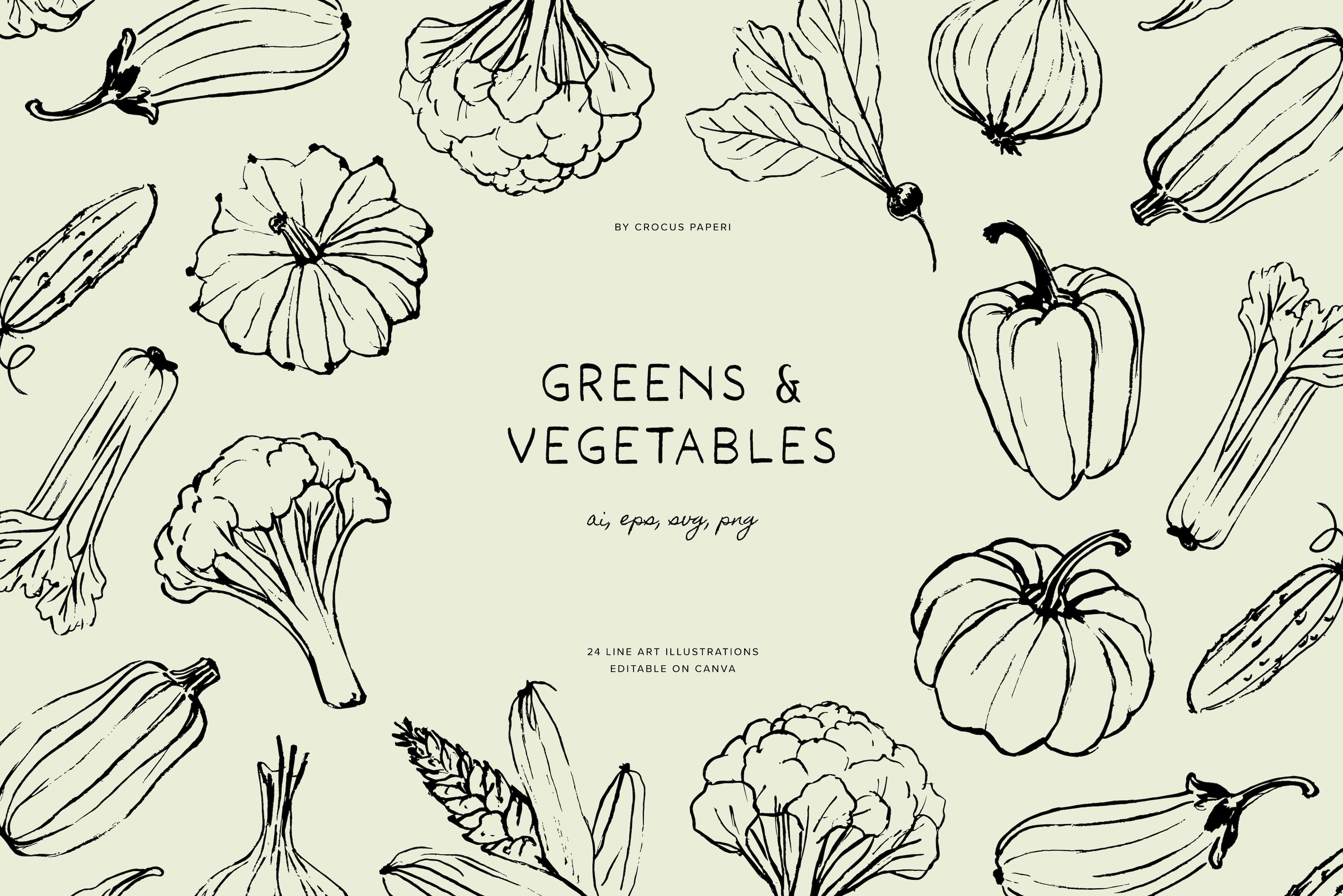 VEGETABLES line art illustrations, a Food Illustration by Crocus Paperi