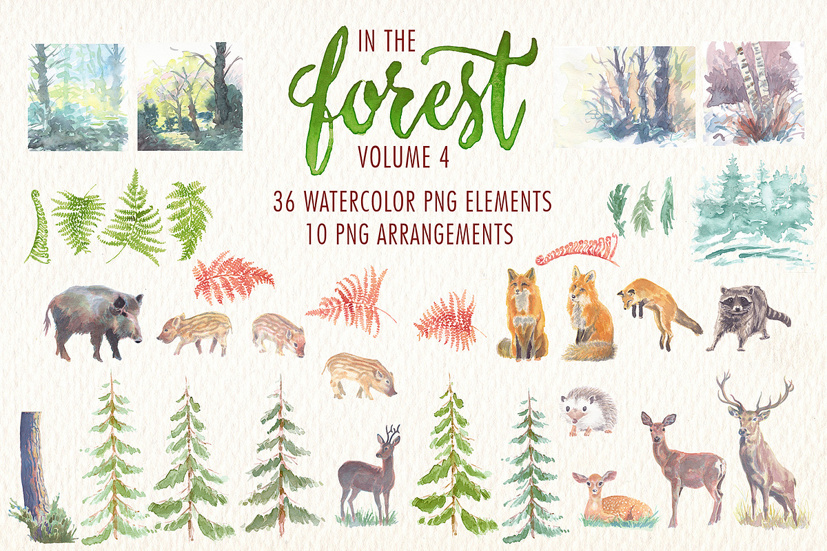 watercolor in the forest clipart, an Illustration by Art & Things