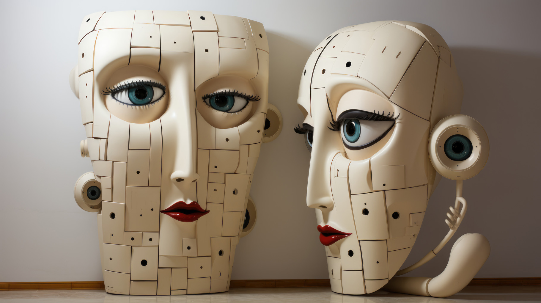 Two human heads with different facial expressions in a conceptua, an ...
