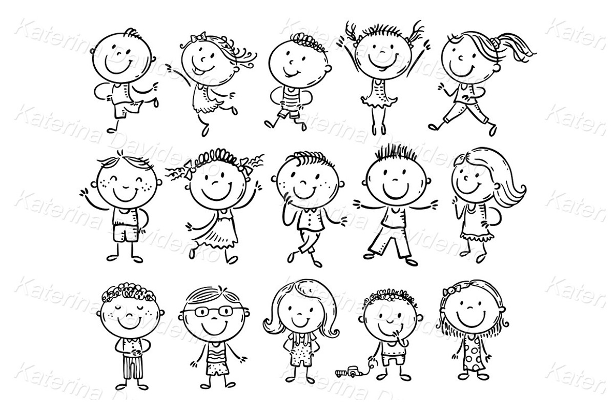 Cartoon happy doodle kids set, an Education Illustration by Bubert Art