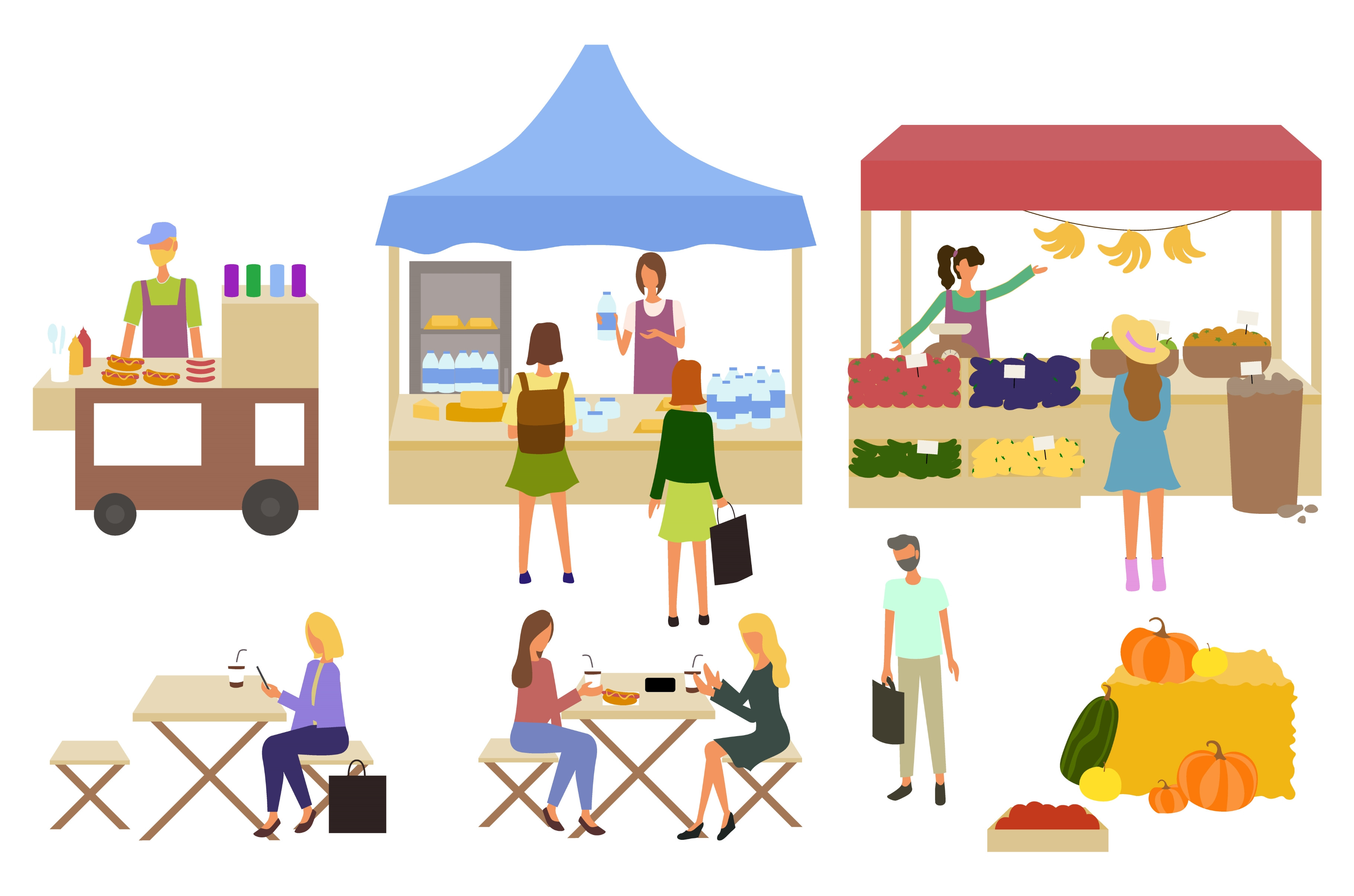 Street Food, Marketplace Stands Set, a Food Illustration by robuart