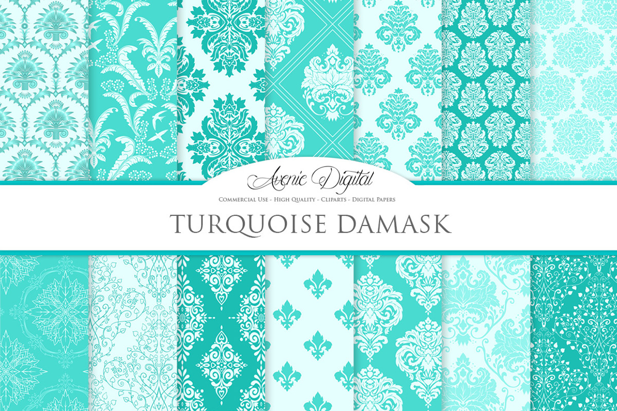 28 Turquoise Damask Digital Paper, a Pattern Graphic by Avenie Digital