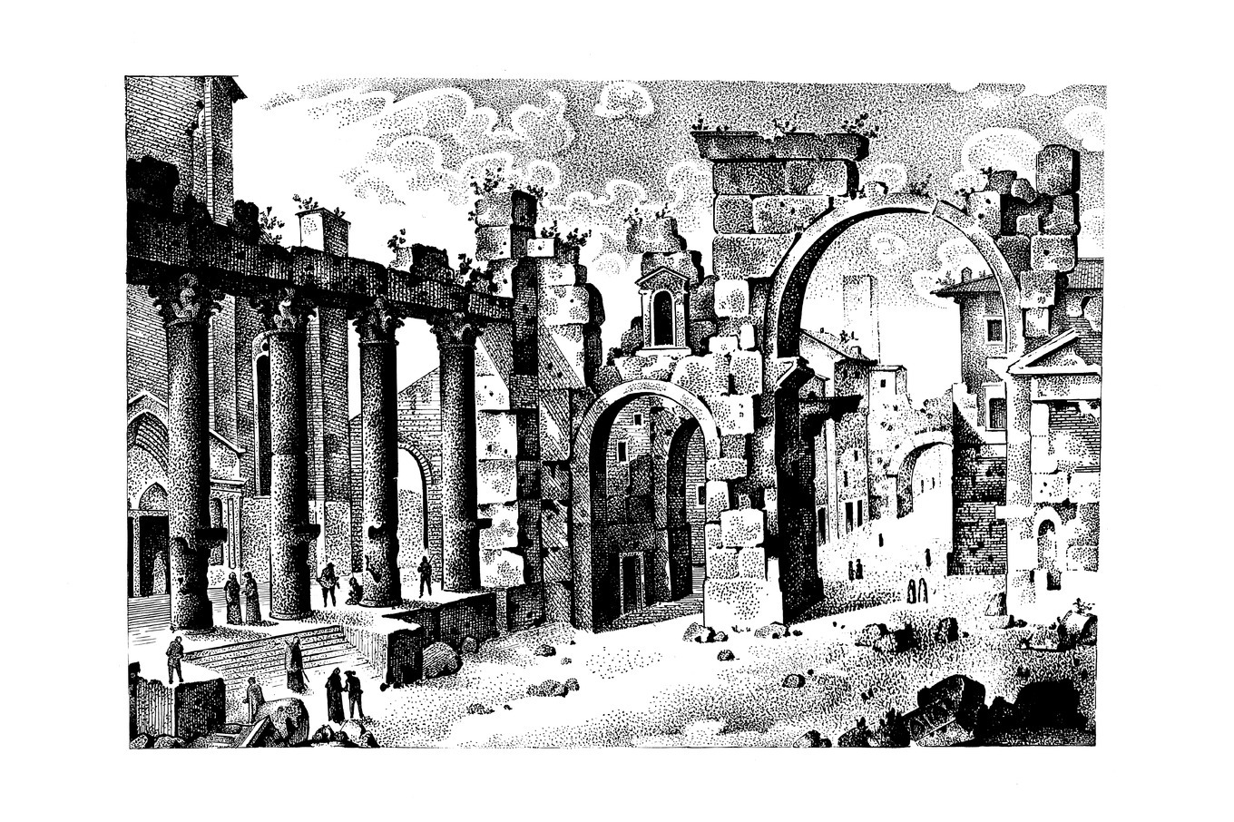 old hand drawn landscape, ancient castle or town engraved in old dot ...