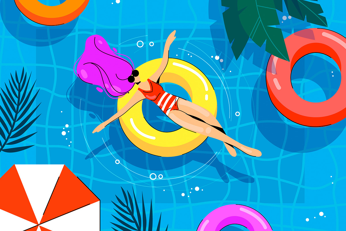 Illustrations of girls in the pool, a Person Illustration by ...