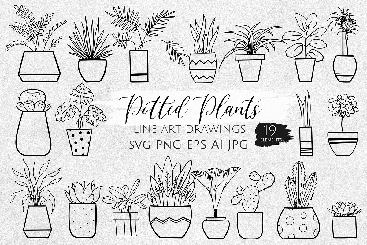 19 Vector Potted Plants Line Art, a Decorative Illustration by Dervik ...