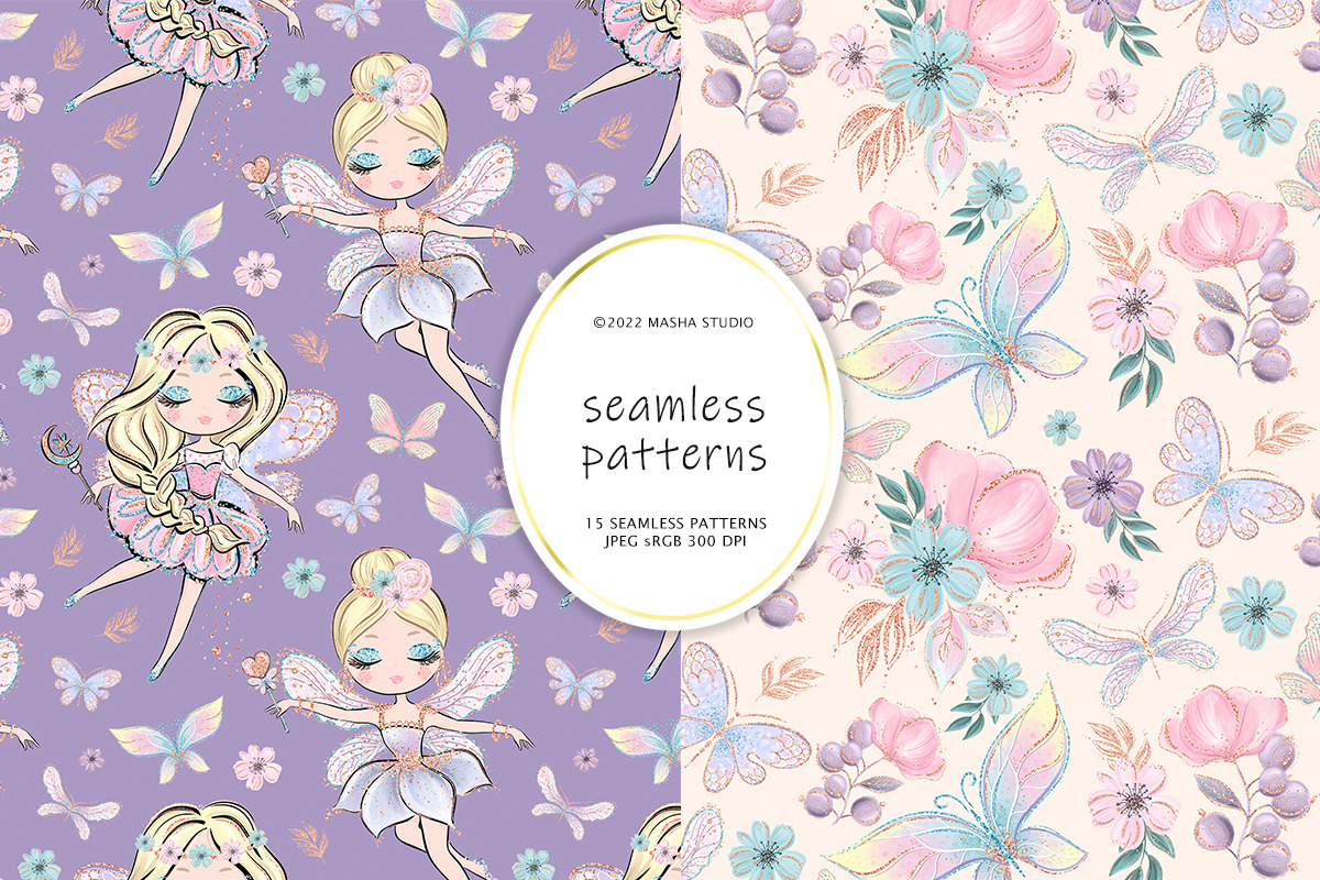 Fairies & Butterflies Digital Papers, a Pattern Graphic by Masha Studio
