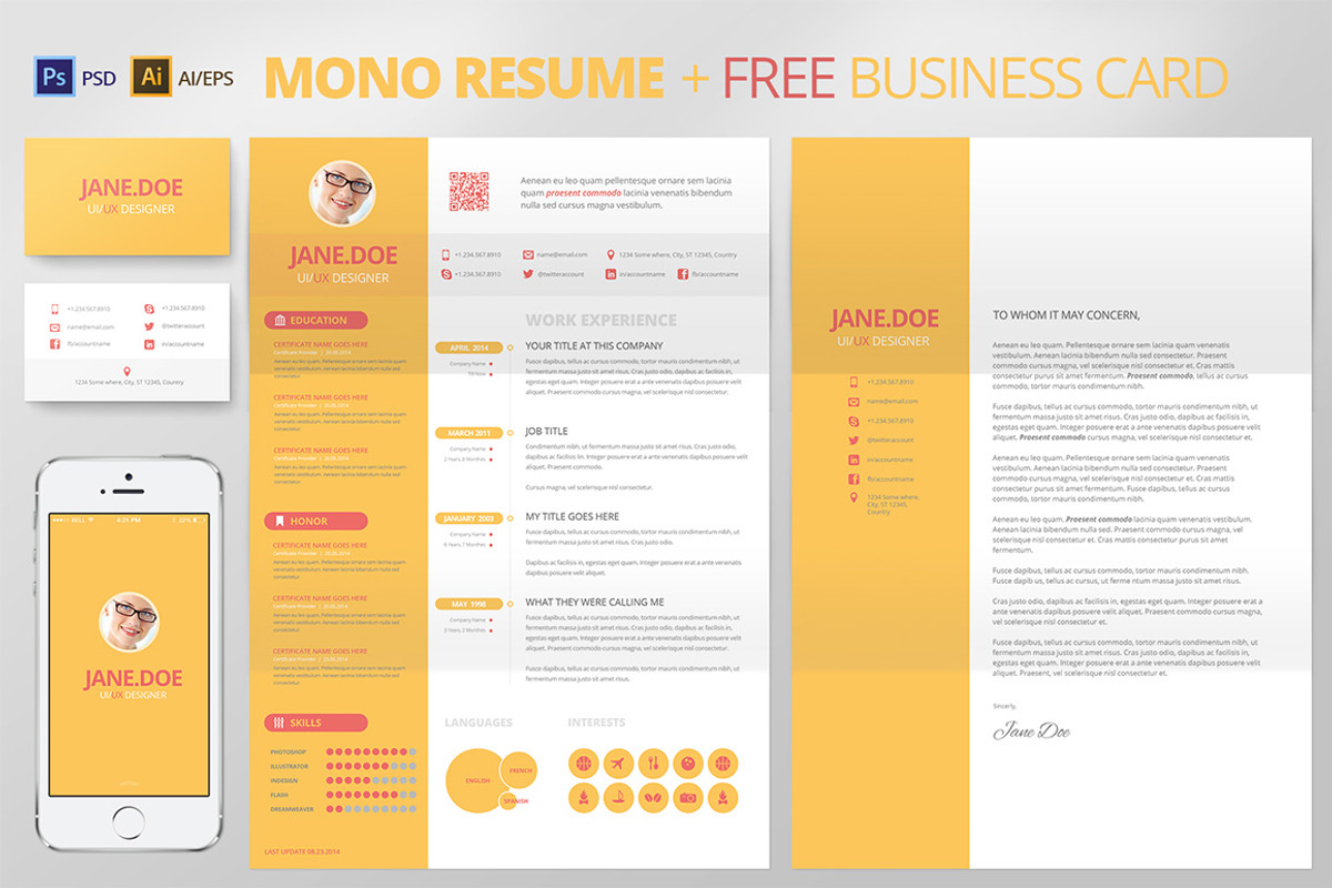 Mono Resume CV + FREE Business Card, a Resume Template by Pixel Strawberry