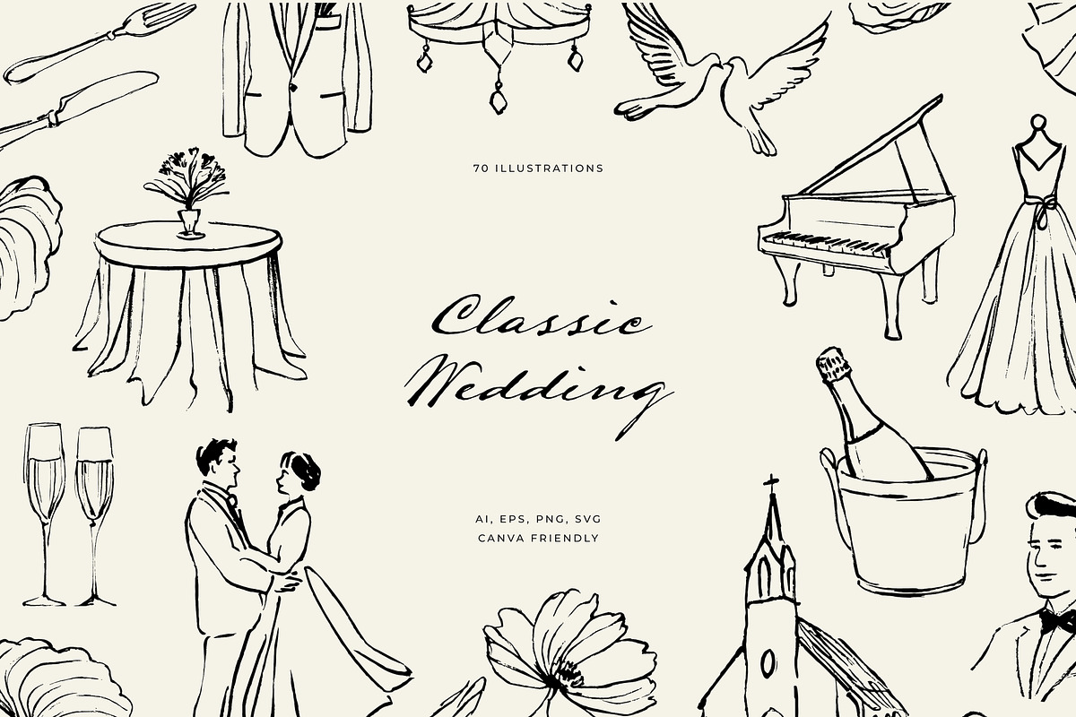 WEDDING line art illustrations, a Decorative Illustration by Crocus Paperi