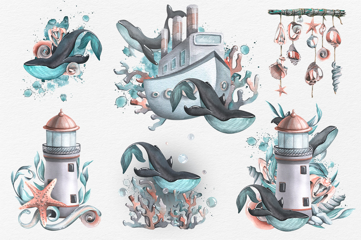 Sea whales clip art watercolor, an Animal Illustration by NATASHA CHU ...