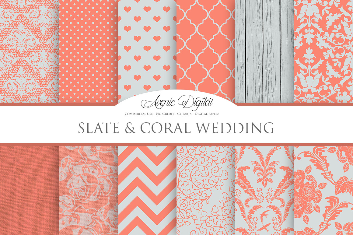 Slate & Coral Wedding Digital Paper, a Pattern Graphic by Avenie Digital