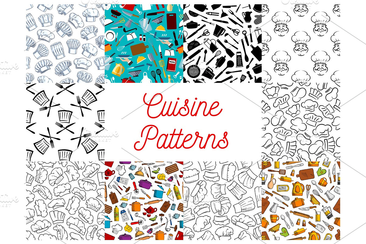 Cuisine, kitchen utensils, chef hat patterns set, a Pattern Graphic by ...