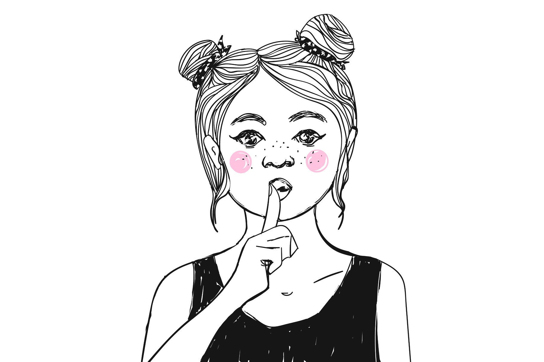 Girl with freckles, pink cheeks making Shh sign - asking for silence ...