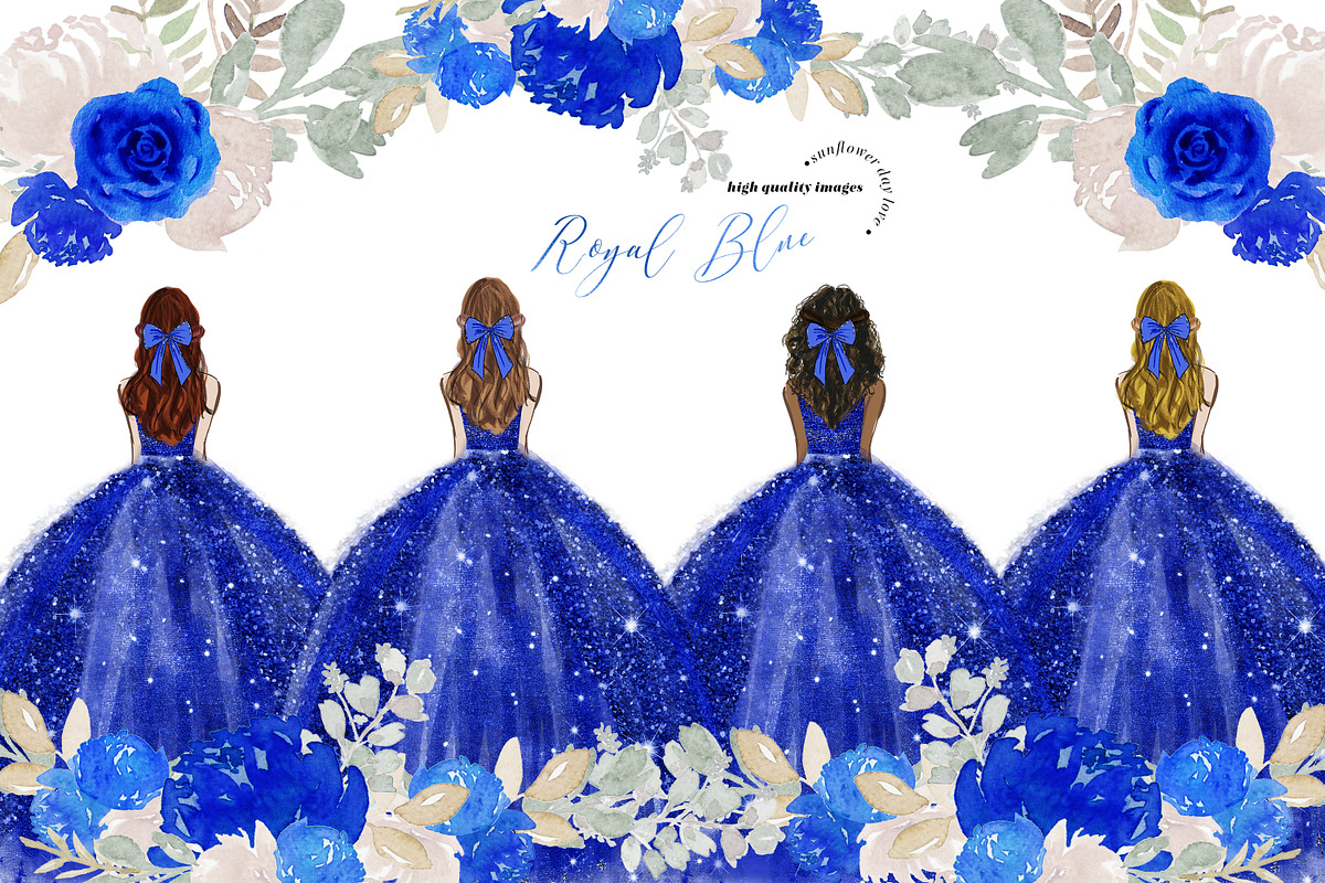 Royal Blue Princess Dresses Clipart, an Illustration by Sunflower Day Love
