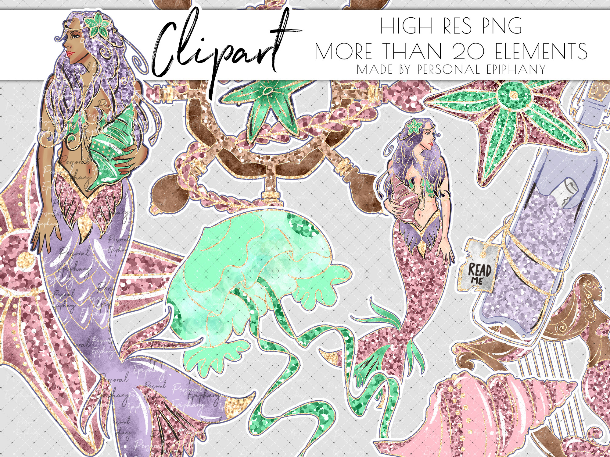 Mermaid clip arts, sea starfish harp, an Illustration by Personal Epiphany