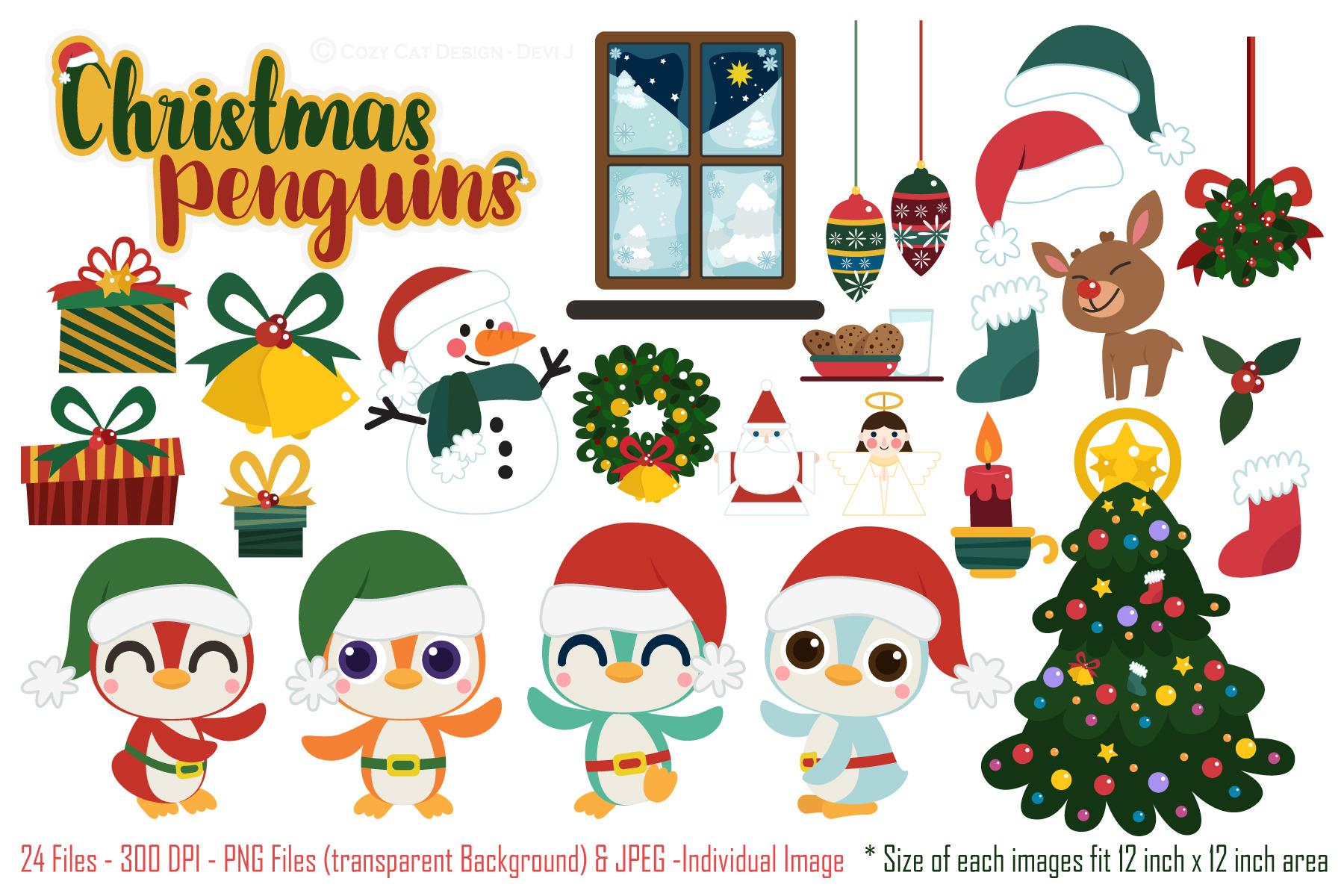 Christmas Penguins Digital Clip Art, an Illustration by Cozy Cat Design ...