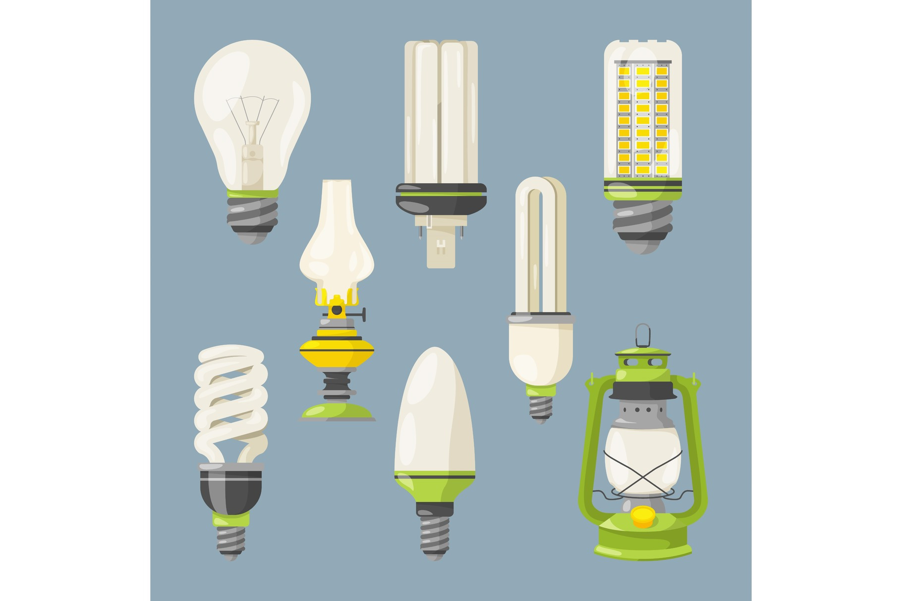 Different bulbs. Symbols of light in cartoon style. Vector ...