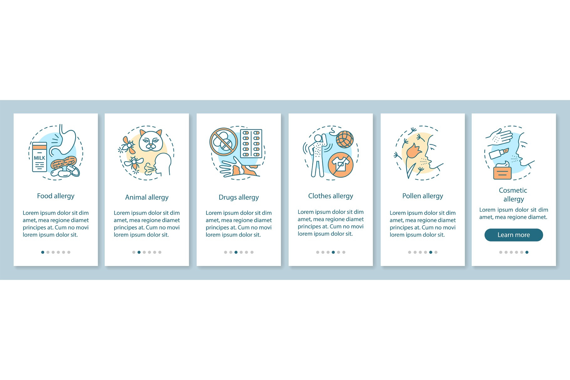 Allergy types mobile app pages, a Templates & Theme by IMG visuals icons